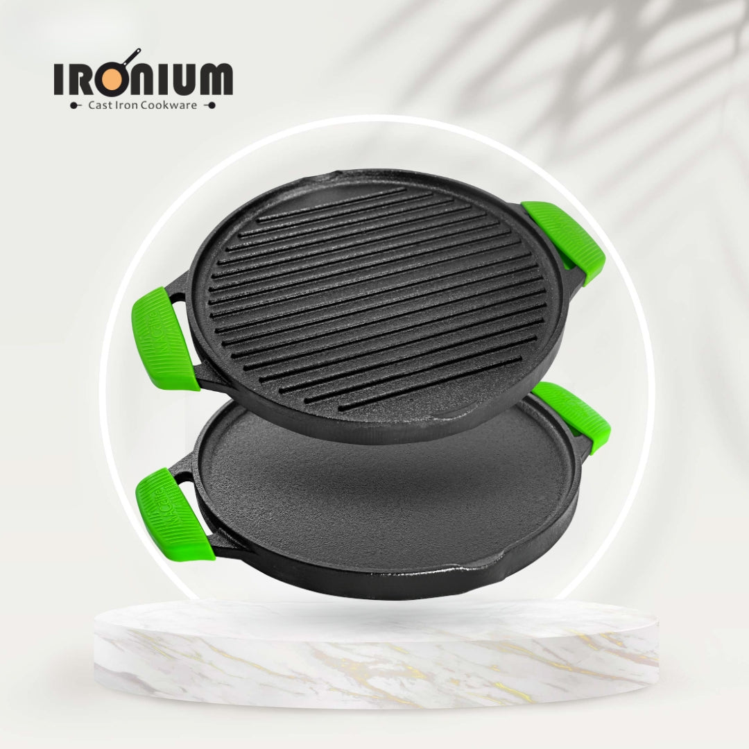 IRONIUM Pre-Seasoned Cast Iron Dual Tawa 30CM Dia With 2 Silicon Handl ...